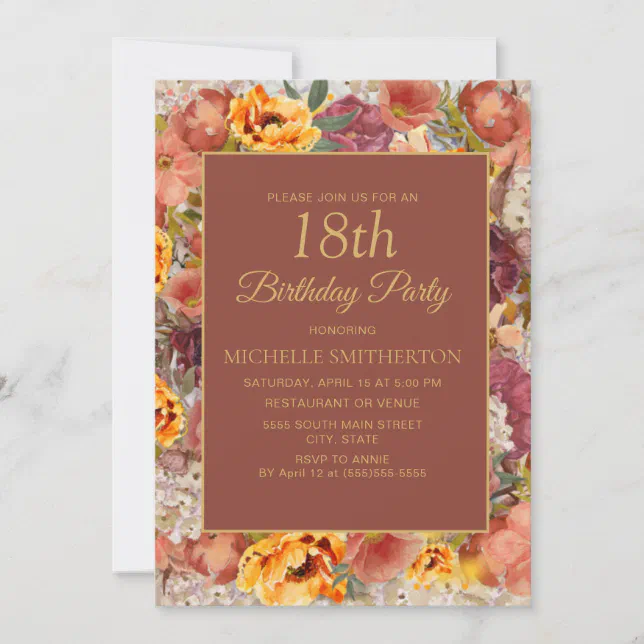 Burnt Orange Cream Rust Floral 18th Birthday Invitation | Zazzle