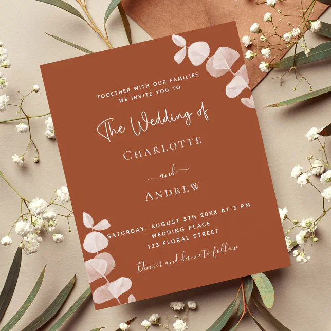Burnt orange eucalyptus budget wedding invitation | Zazzle