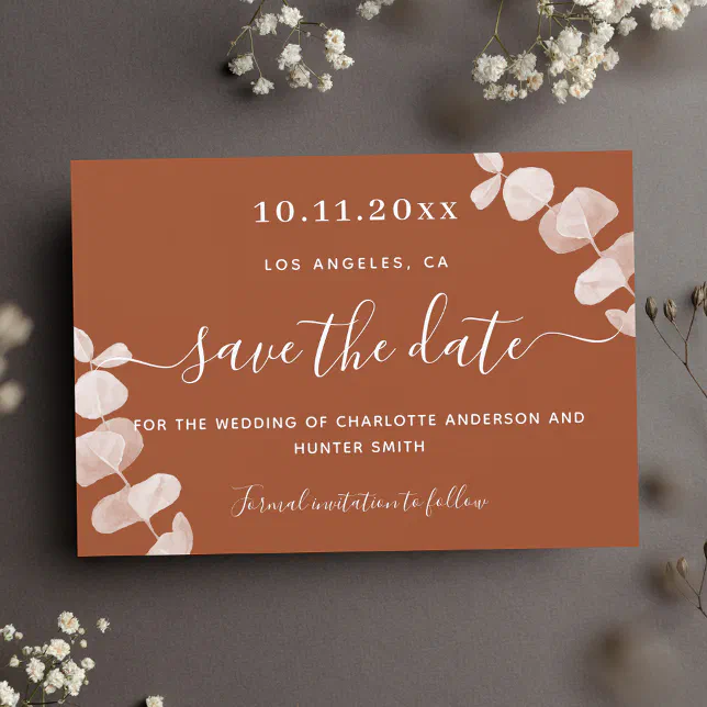 Burnt orange eucalyptus wedding save the date | Zazzle