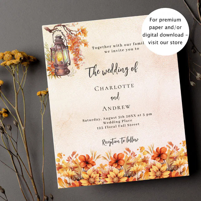 Burnt orange fall floral budget wedding invitation | Zazzle