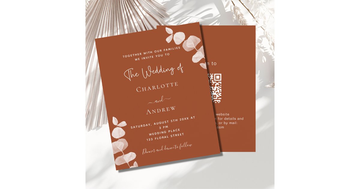 Burnt orange foliage QR budget wedding invitation Flyer | Zazzle