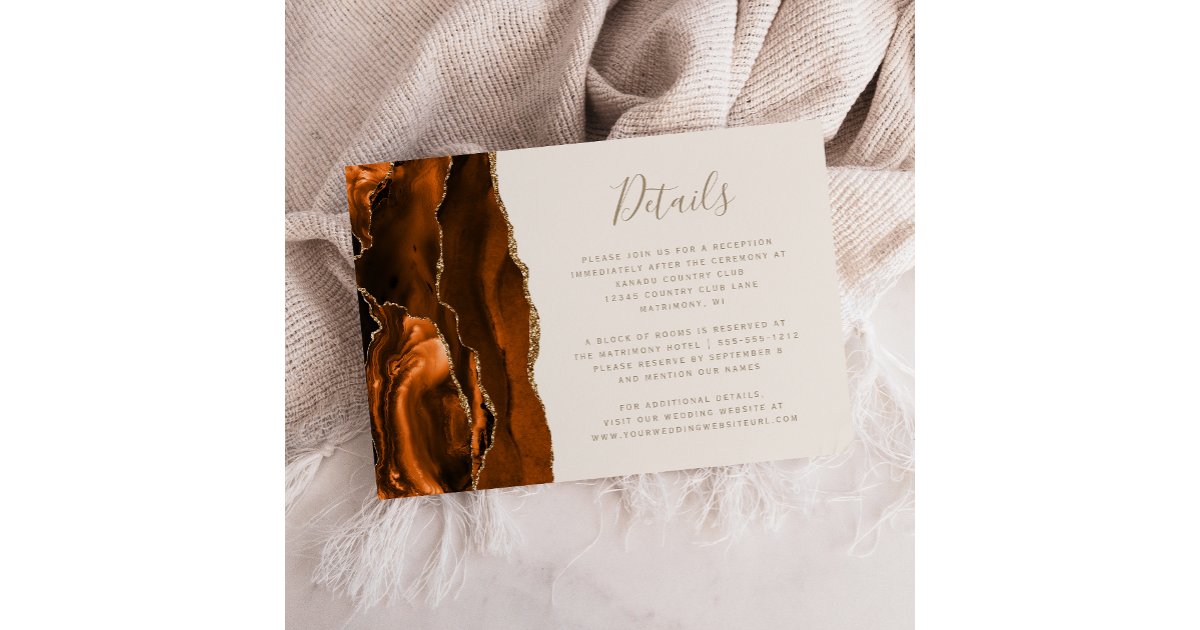 Burnt Orange Gold Agate Ivory Wedding Details Enclosure Card | Zazzle