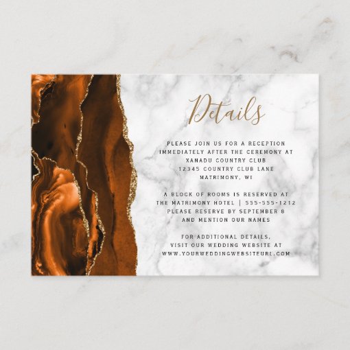 Burnt Orange Gold Agate Marble Wedding Details Enclosure Card | Zazzle