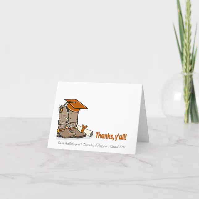 Burnt Orange Graduation Cap and Cowboy Boot Thank You Card | Zazzle