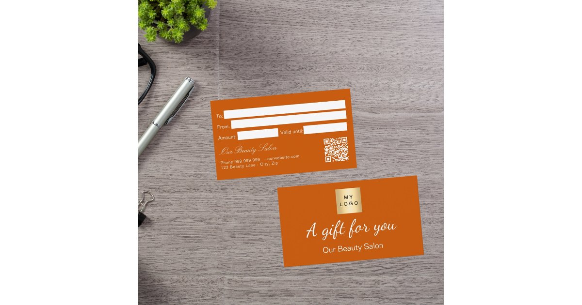 Burnt orange logo qr gift certificate card | Zazzle