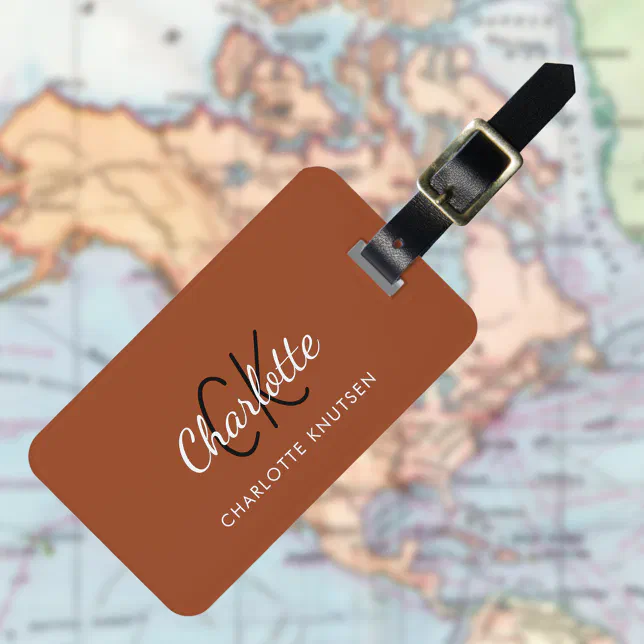 Burnt orange monogrammed luggage tag | Zazzle