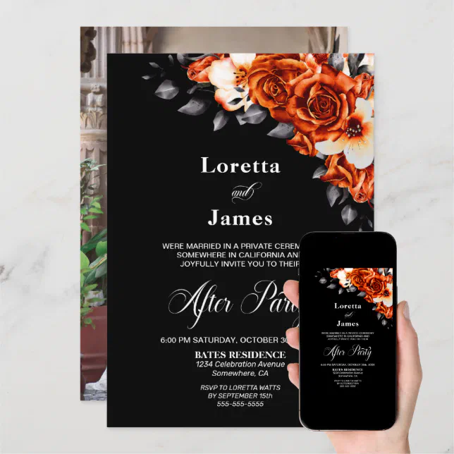 Burnt Orange Rose Floral Wedding Reception Photo Invitation | Zazzle