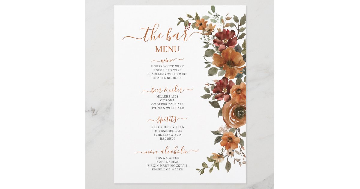 Burnt Orange Rust Floral Fall Wedding Drinks Bar Menu | Zazzle
