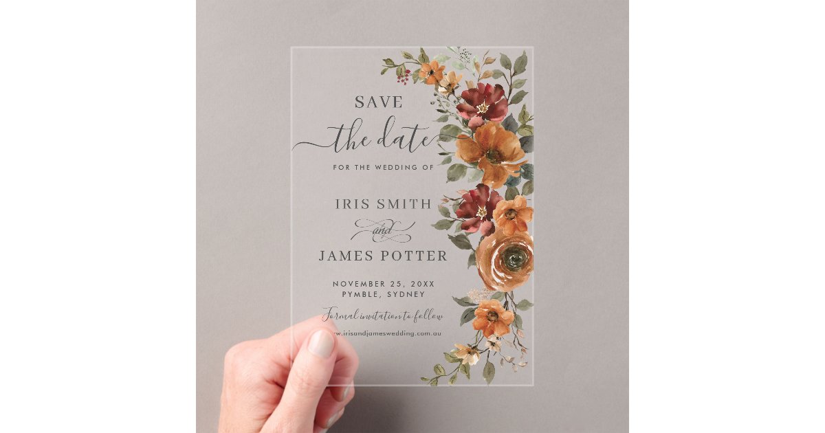 Burnt Orange Rust Floral Wedding Save the Date Acrylic Invitations | Zazzle