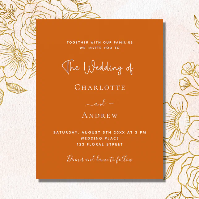 Burnt orange script budget wedding invitation flyer | Zazzle