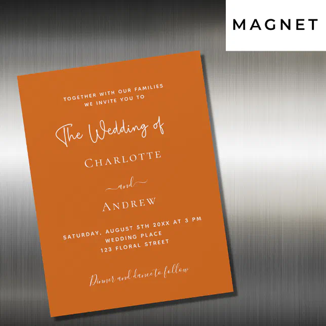 Burnt orange script luxury wedding magnetic invitation | Zazzle
