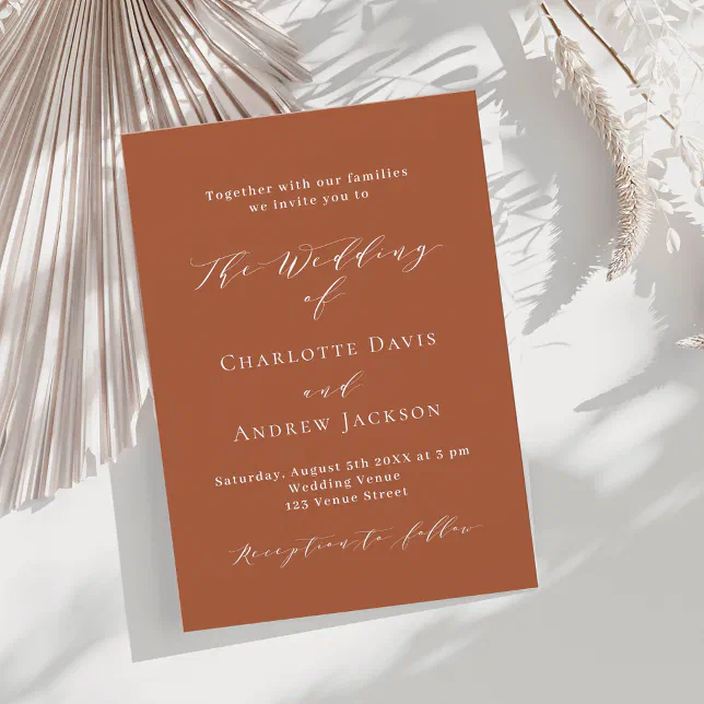 Burnt orange script modern minimalist wedding invitation | Zazzle