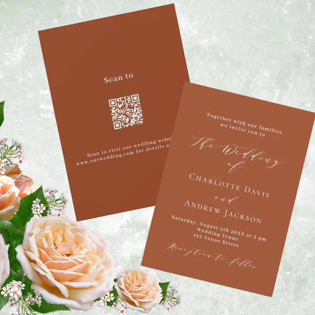 Burnt orange script modern QR code RSVP wedding Invitation | Zazzle
