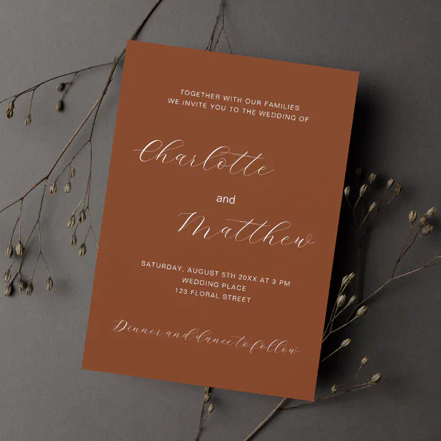 Burnt orange script wedding invitation | Zazzle
