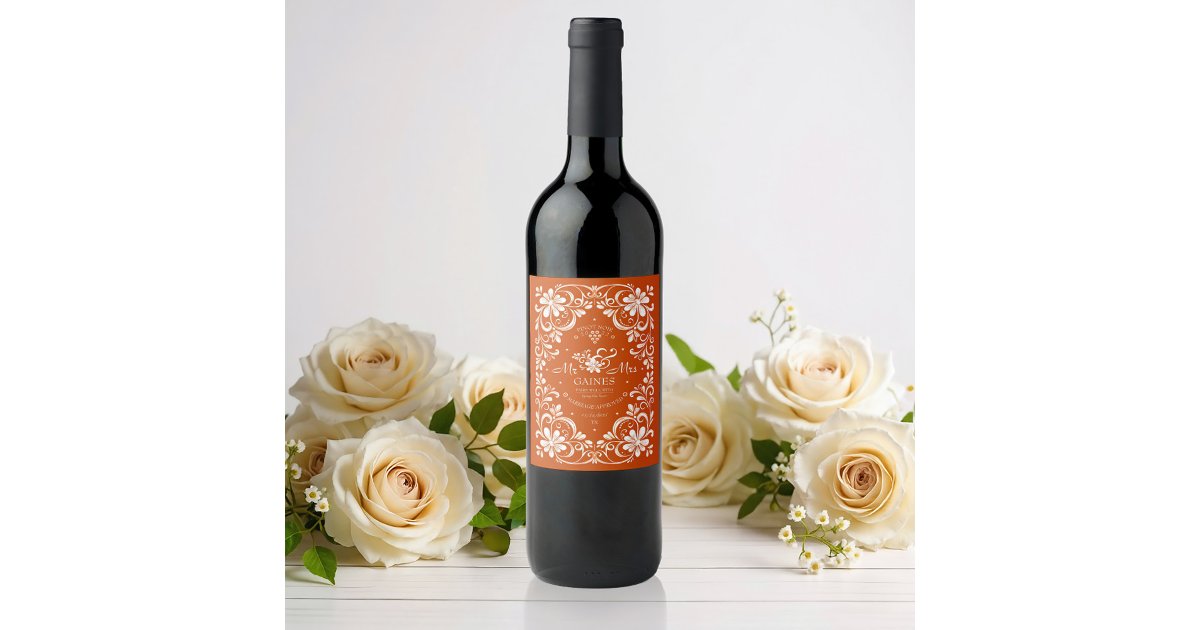 Burnt Orange Shabby Chic Wedding Wine Label | Zazzle