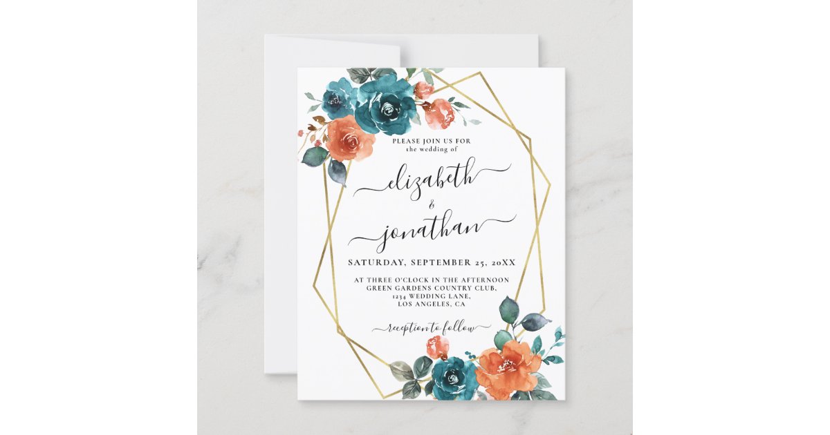 Burnt Orange Teal Budget Rust Wedding Invitation | Zazzle