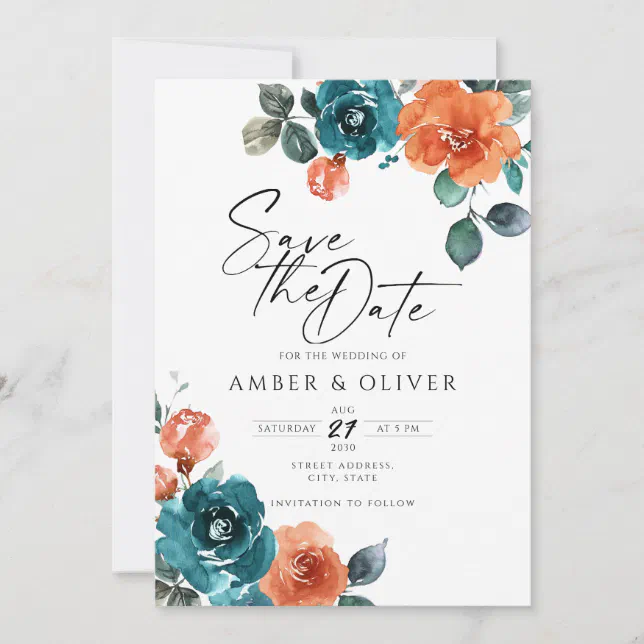Burnt Orange Teal Watercolor Floral Save The Date Invitation | Zazzle