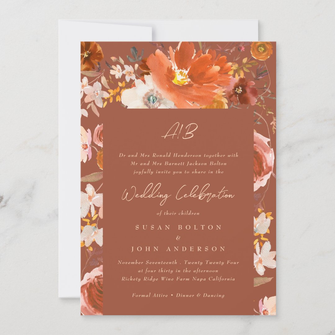 Burnt Orange Terracotta Monogram Floral Border Invitation | Zazzle