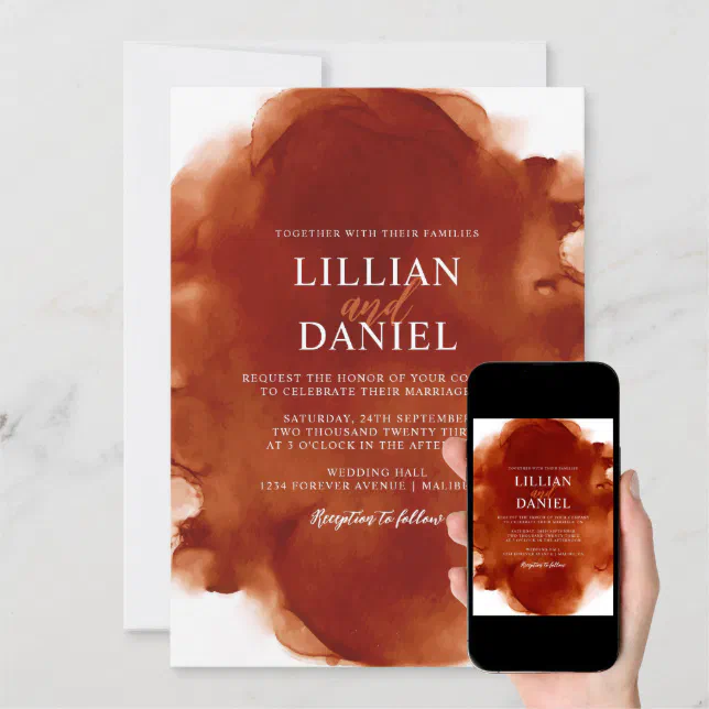 Burnt Orange Watercolor Photo Wedding Invitation | Zazzle