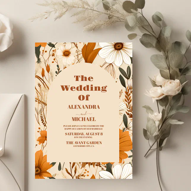 Burnt Orange Watercolor Wildflowers Wedding Invitation | Zazzle
