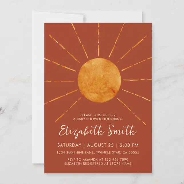 Burnt Orange Yellow Sunshine Baby Shower Invitation | Zazzle