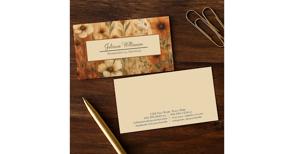 Burnt Sienna Boho Chic Watercolor Floral Pretty Business Card | Zazzle