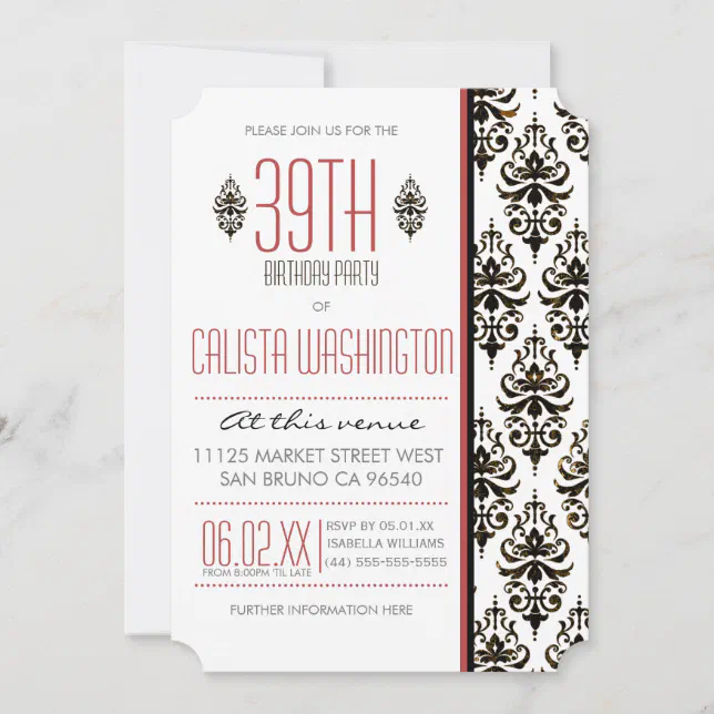 Burnt Vintage Damask 39th Birthday Party Invitation | Zazzle