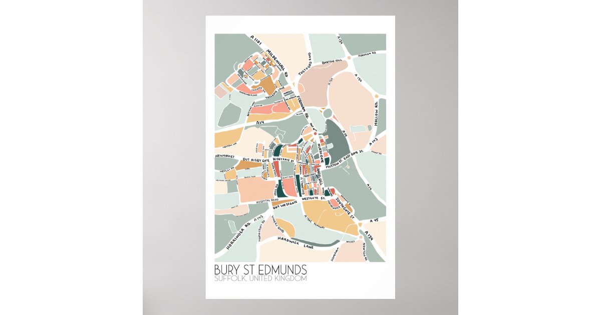 Bury St Edmunds Colorful Modern Map Poster | Zazzle