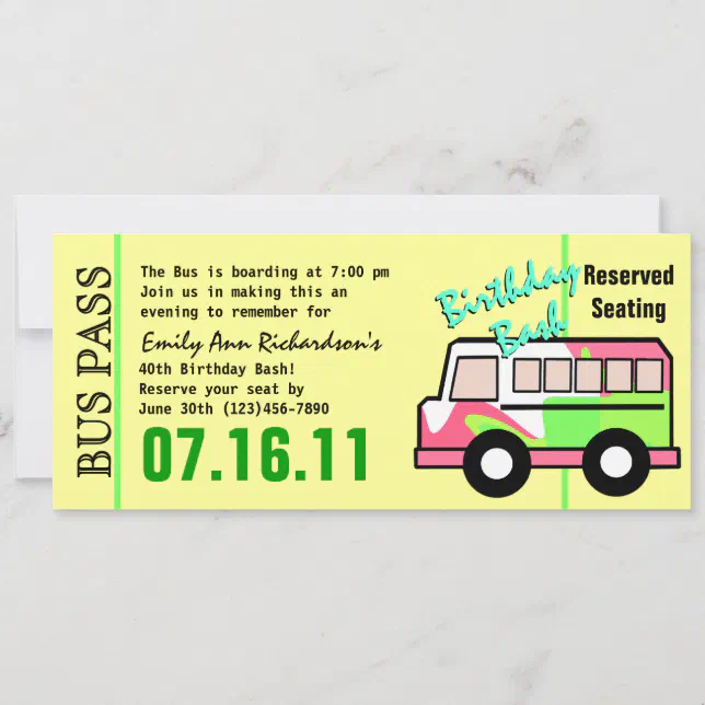 Bus Pass Birthday Party Invitation | Zazzle