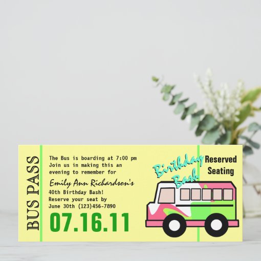 Bus Pass Birthday Party Invitation | Zazzle