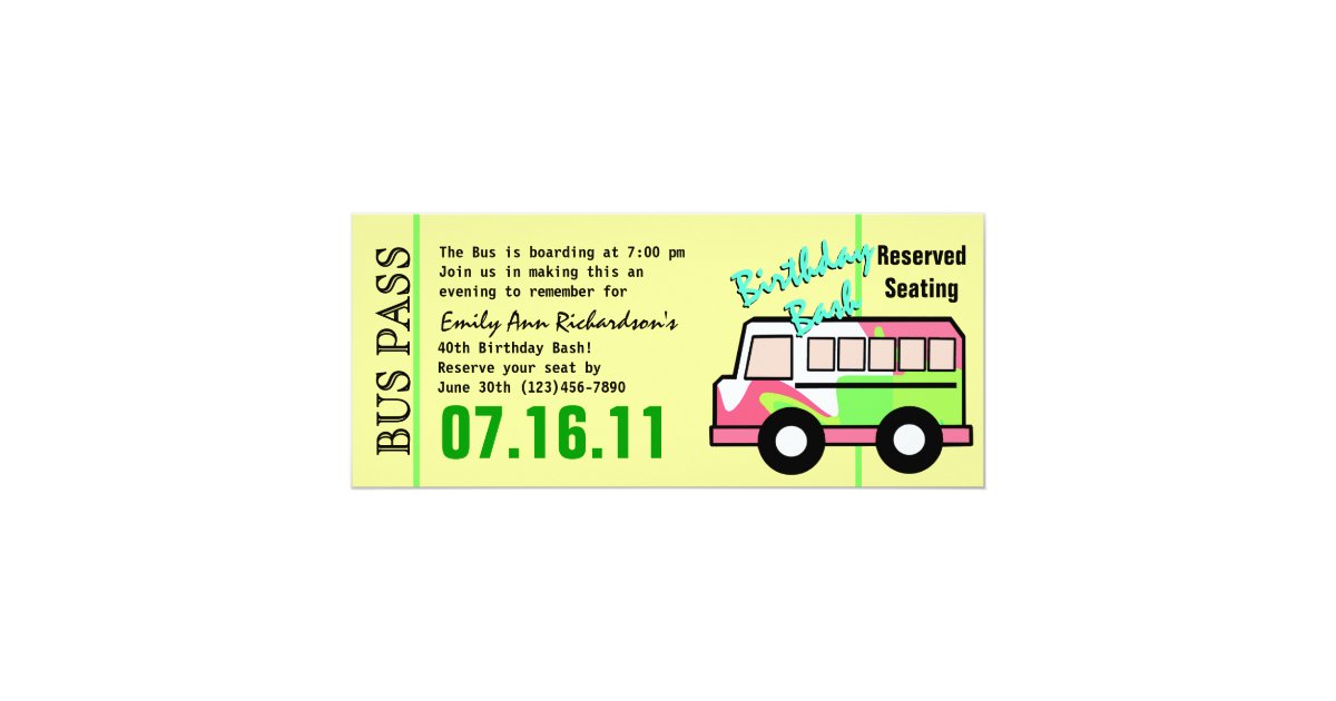 Bus Pass Birthday Party Invitation | Zazzle.com