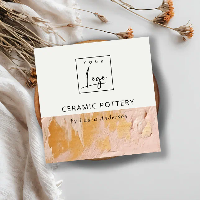 Bush Pink Gold Oil Paint Texture Logo QR Code Square Business Card | Zazzle