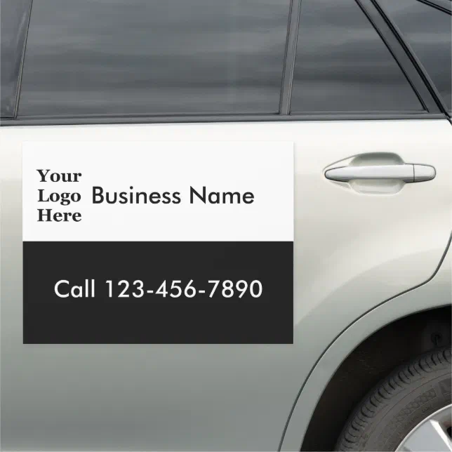 Business Ad Logo Name Phone Number Black and White Car Magnet | Zazzle