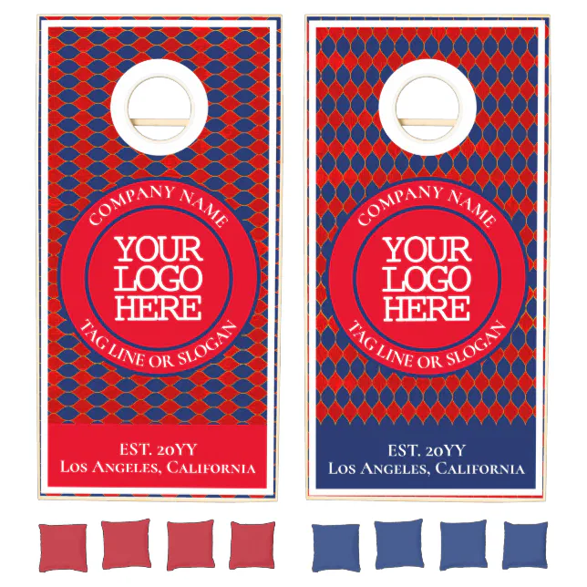 Business Add Logo Red Blue Vintage Geometric Cornhole Set | Zazzle