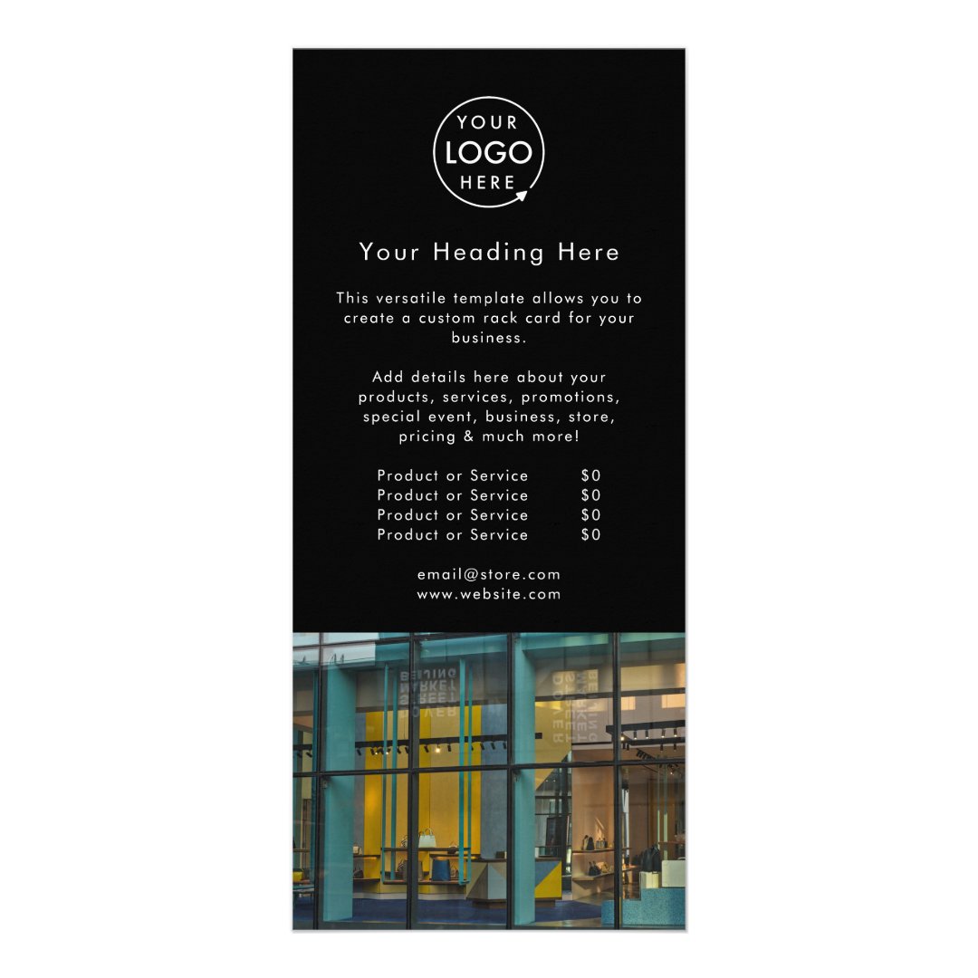 Business Advertising | Modern Black Photo Logo Rack Card | Zazzle