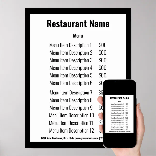 Business Black and White Restaurant Template Menu Poster | Zazzle