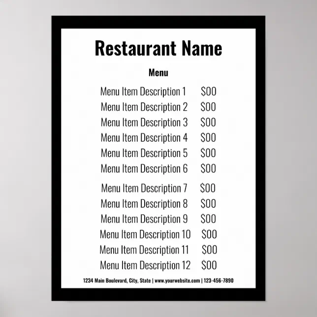 Business Black and White Restaurant Template Menu Poster | Zazzle