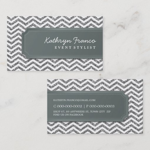 BUSINESS CARD chevron stripe silver glitter look | Zazzle