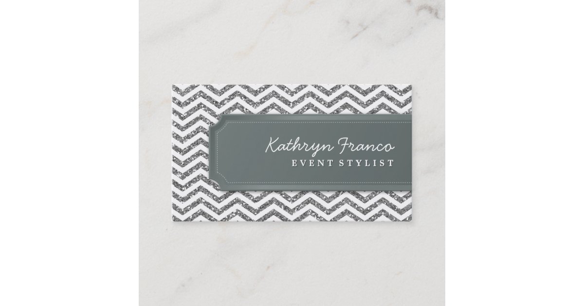 BUSINESS CARD chevron stripe silver glitter look | Zazzle