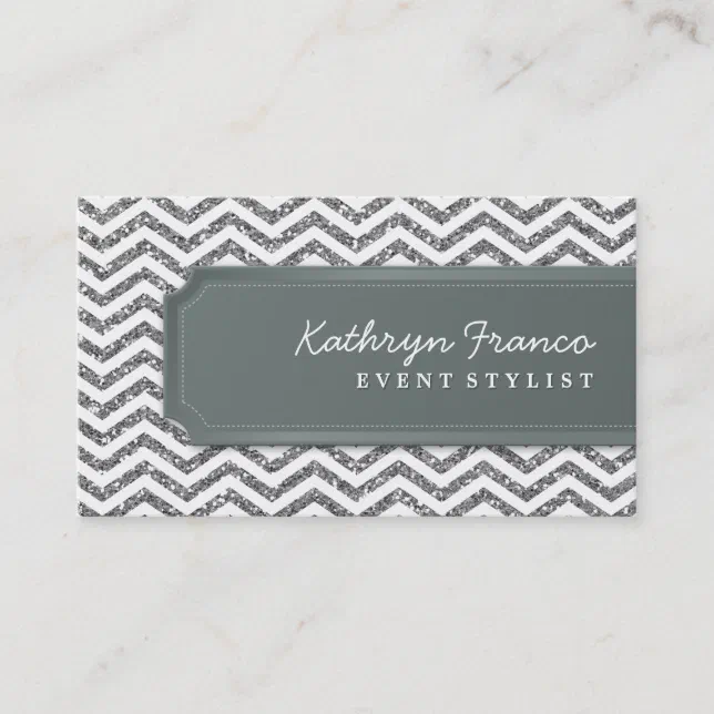 BUSINESS CARD chevron stripe silver glitter look | Zazzle