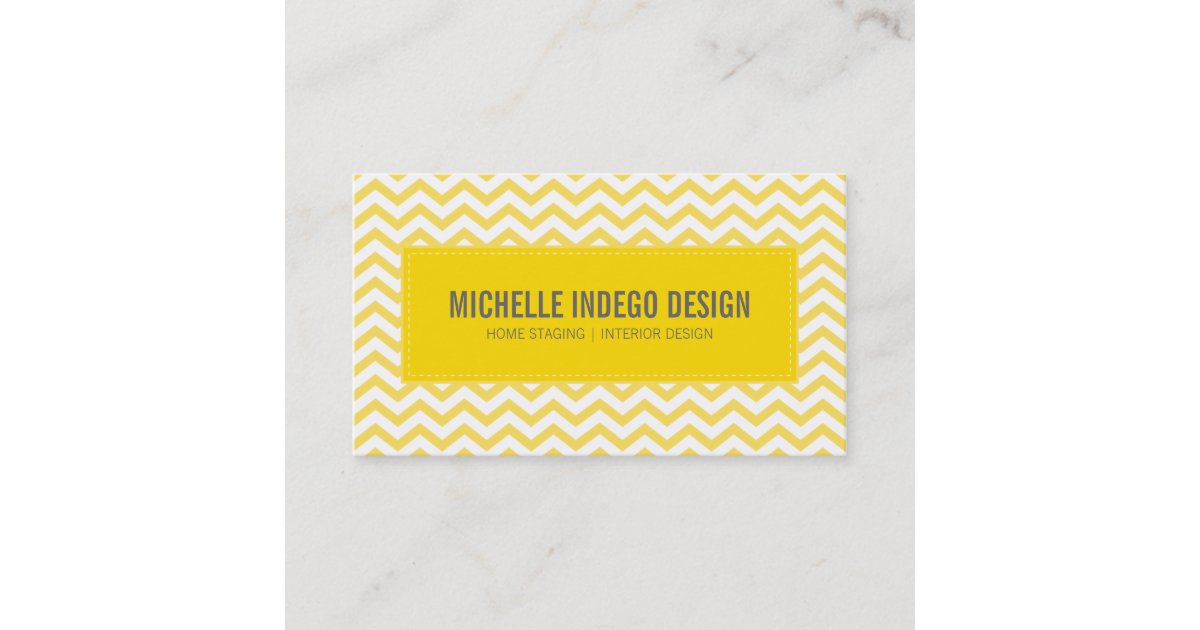 BUSINESS CARD fresh chevron pattern yellow grey | Zazzle