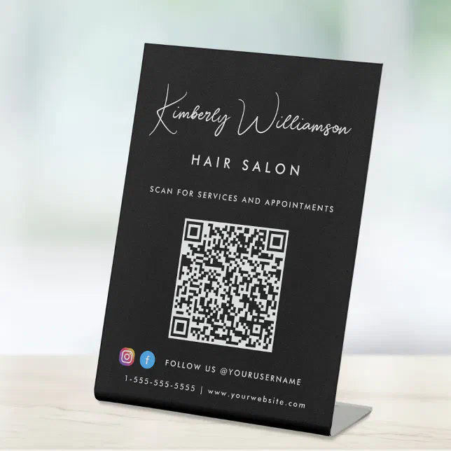 Business Chic Signature Script QR Code Black Pedestal Sign | Zazzle
