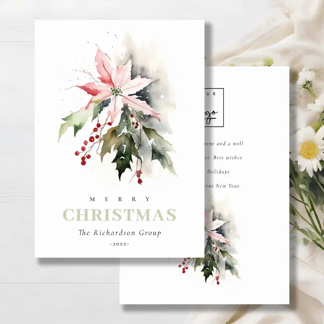 Business Christmas Berry Poinsettia Corporate Logo Holiday Card | Zazzle