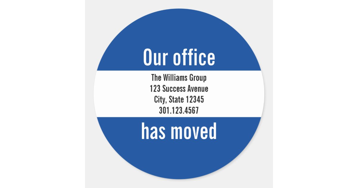 Business Dark Blue and White Moving Announcement Classic Round Sticker ...