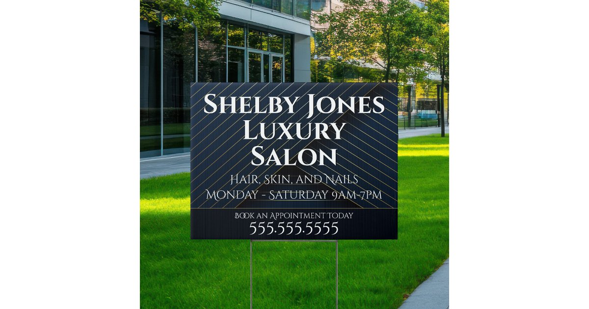 Business Elegant Navy Blue Gold Hair Salon Hours Sign | Zazzle
