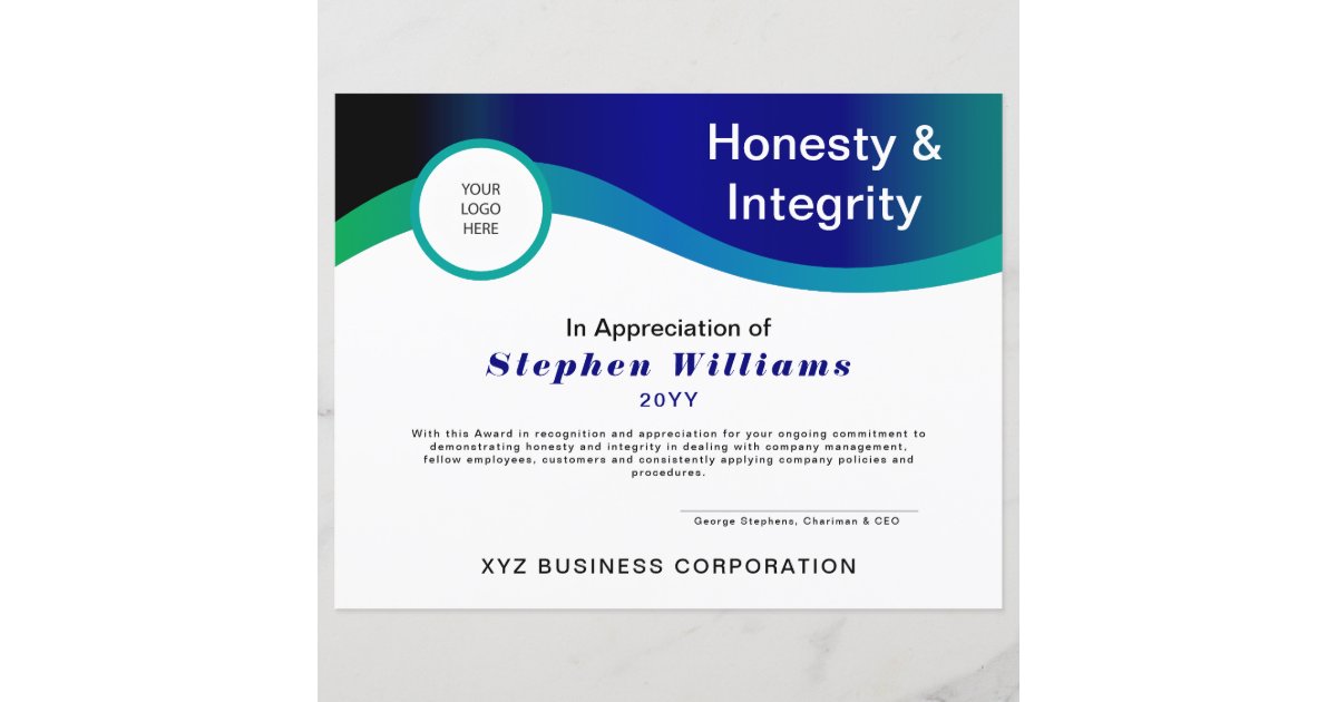 Business Employee Honesty and Integrity Award | Zazzle