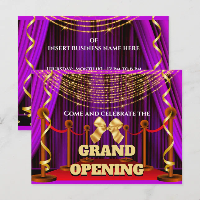 Business grand opening purple gold red VIP party Announcement Postcard ...
