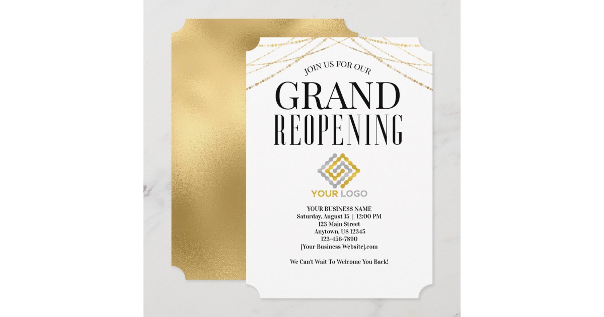 Business Grand Reopening Logo Faux Gold Invitation | Zazzle