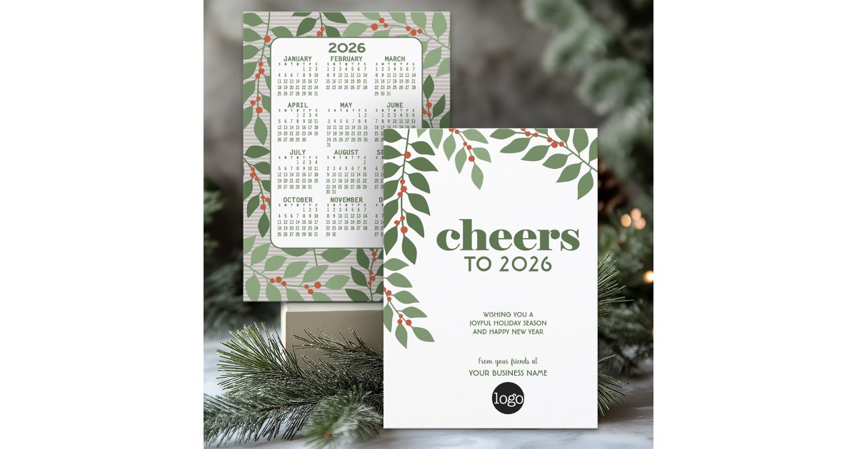 Business Greeting - Calendar and Logo - Greenery Holiday Card | Zazzle
