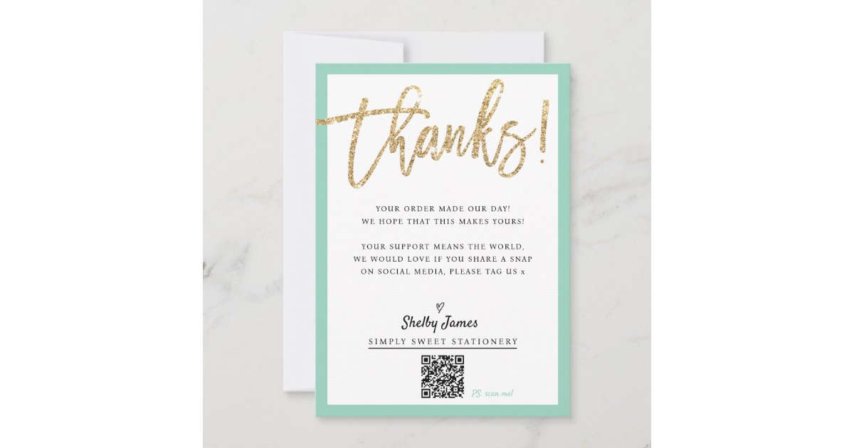 BUSINESS INSERT modern chic glitter script mint Thank You Card | Zazzle